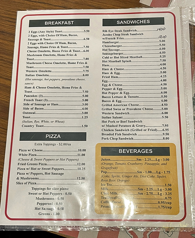 A menu that doesn't need fancy descriptions or QR codes&mdash;just honest food at honest prices. Like reading a delicious time capsule from when "fusion" meant Italian-American.