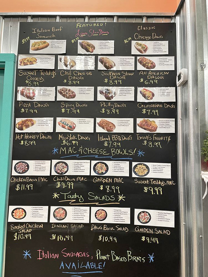 The menu board at Tasty Dawg reads like a love letter to encased meats, with each creation more tempting than the last.