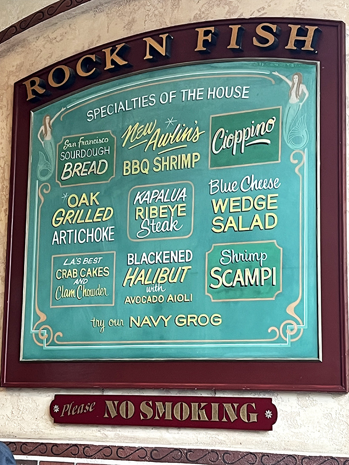 The menu board reads like a greatest hits album of seafood classics. Navy Grog, anyone? Your taste buds are about to go on tour.