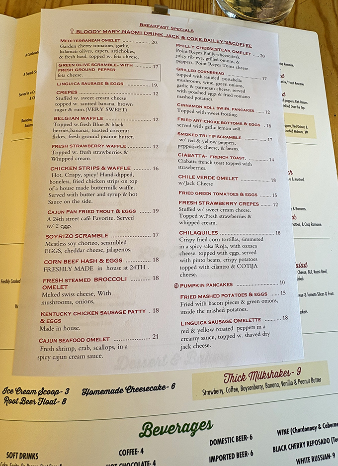 This menu reads like a love letter to breakfast, offering everything from Belgian waffles to Cajun seafood omelets.