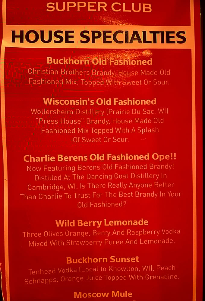 Not just drinks, but liquid Wisconsin traditions. The Old Fashioned menu reads like a love letter to brandy.