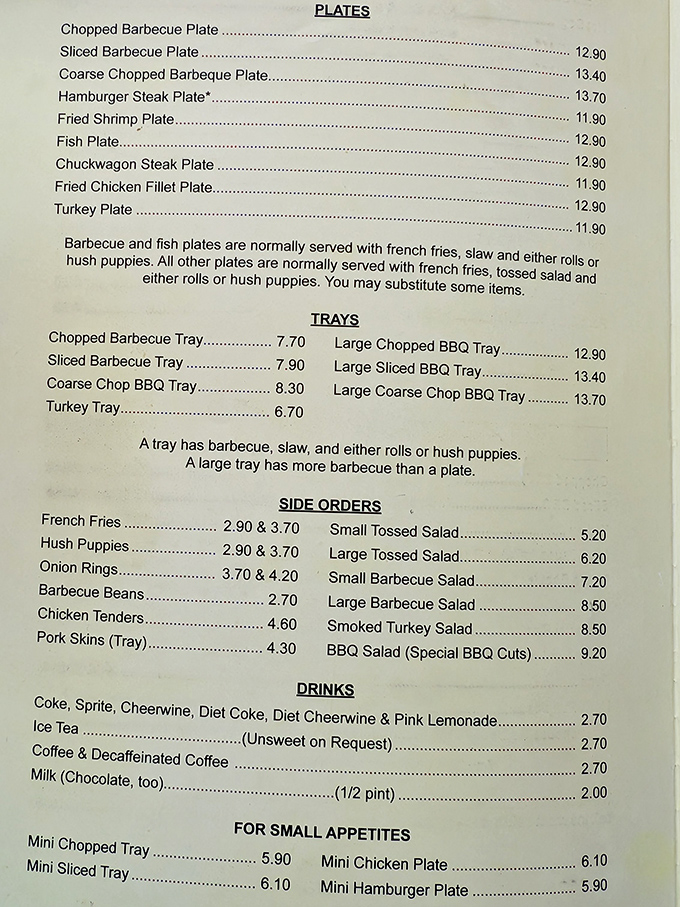 A menu so straightforward it's practically poetry. No fusion confusion here, just the timeless language of proper Southern barbecue.