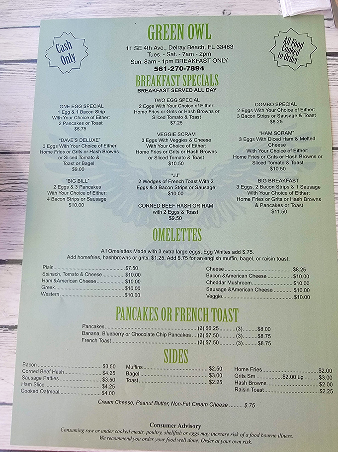 This unassuming menu is actually a roadmap to breakfast paradise. No QR codes here&mdash;just laminated proof that classics never go out of style.