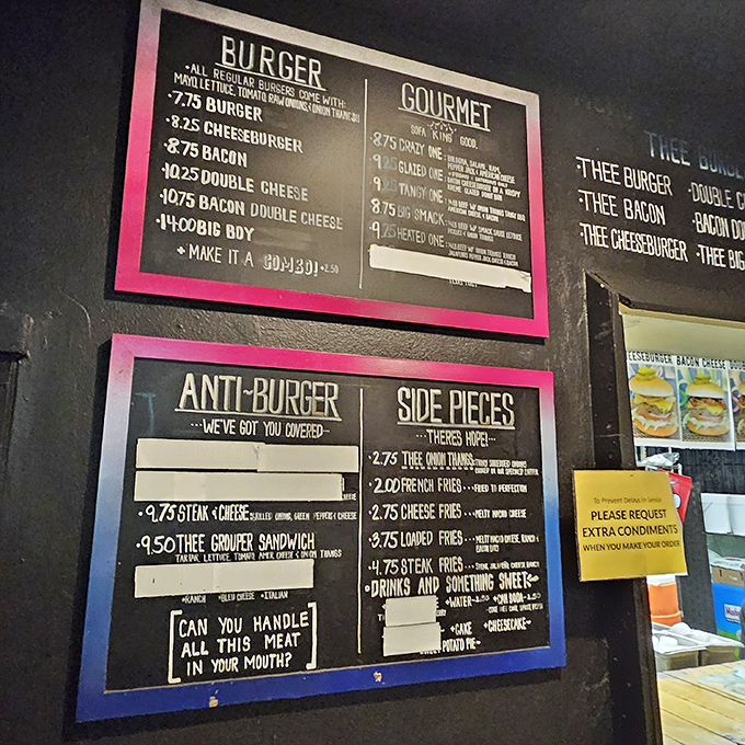 The menu board speaks the universal language of comfort food, with that cheeky "Can you handle all this meat in your mouth?" challenge.