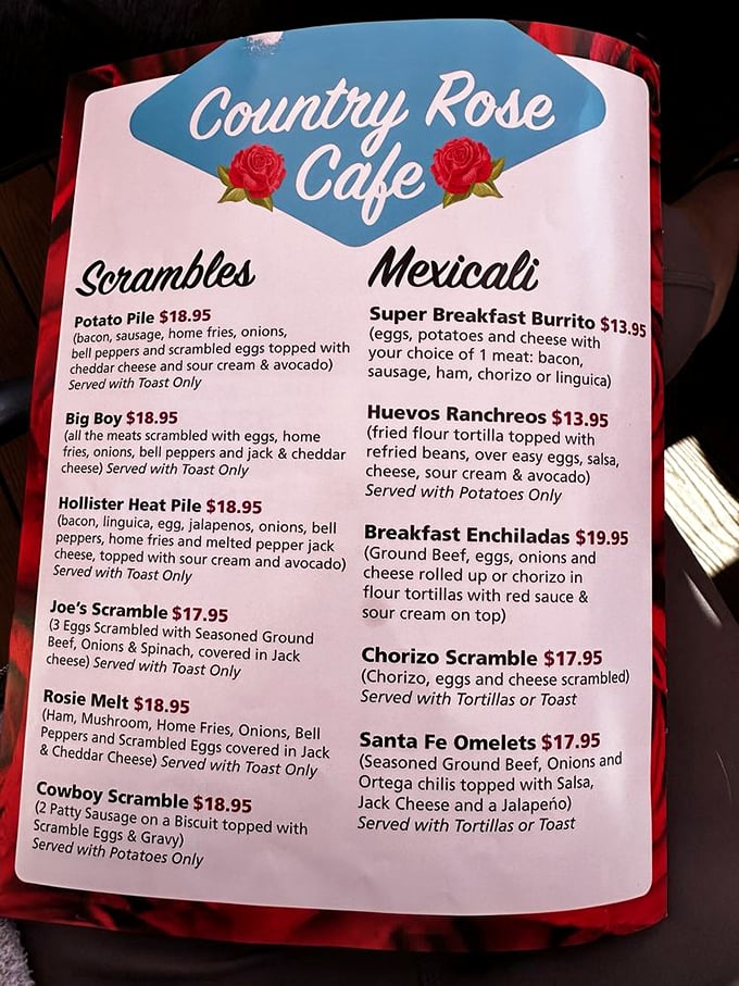 A menu that reads like poetry to hungry souls. The breakfast enchiladas beckon from the right side, practically whispering your name.