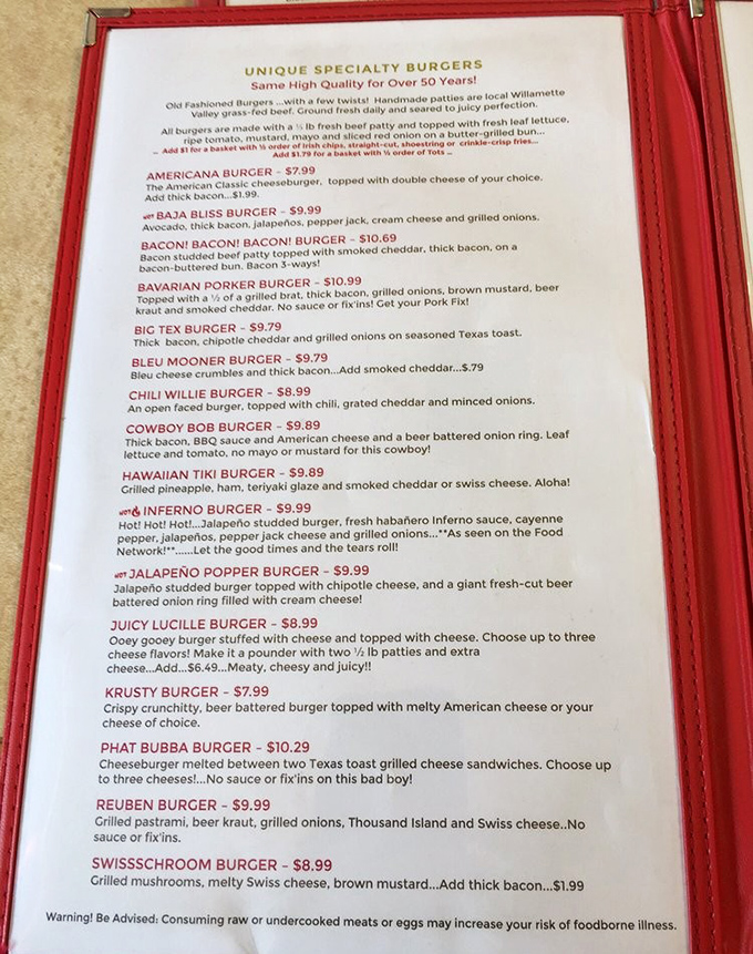 This menu reads like a love letter to burger creativity. Each option more tempting than the last, a choose-your-own-adventure of beef.