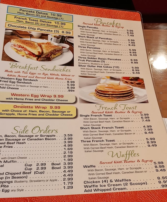 This menu isn't just a list of options &ndash; it's a roadmap to happiness. The pancake section alone deserves its own ZIP code.