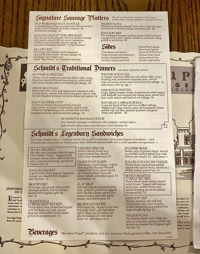 A menu that reads like a love letter to meat. Choosing between the Bahama Mama and Knockwurst feels like Sophie's Choice for sausage enthusiasts.