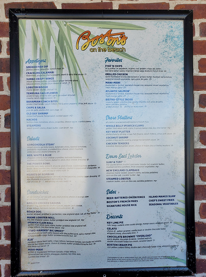 Menu treasures mapped out like a delicious treasure hunt. The "Fish N' Chips" listing under "Favorites" tells you everything you need to know.