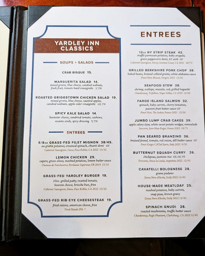 The Yardley Inn Classics menu reads like a love letter to both comfort food and culinary sophistication.