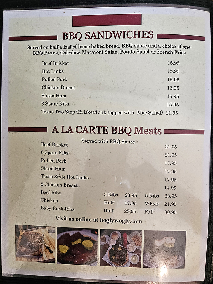 A menu that reads like poetry to carnivores. Each line promises a different path to barbecue bliss.