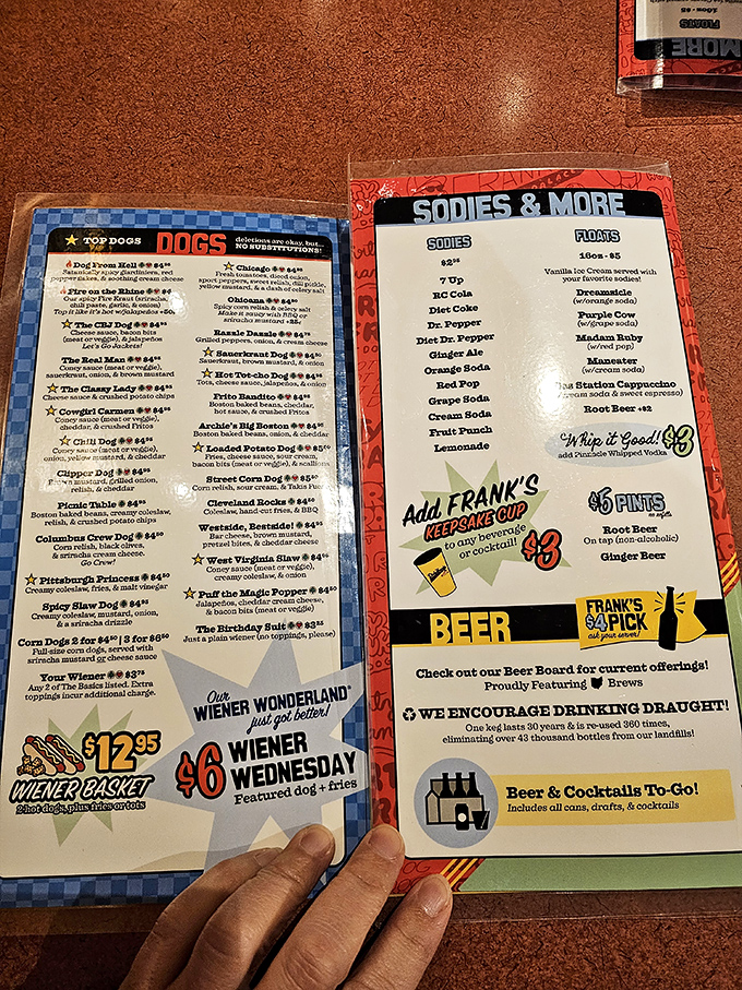 The menu reads like a fever dream of a hot dog enthusiast who was given complete creative freedom and absolutely ran with it.