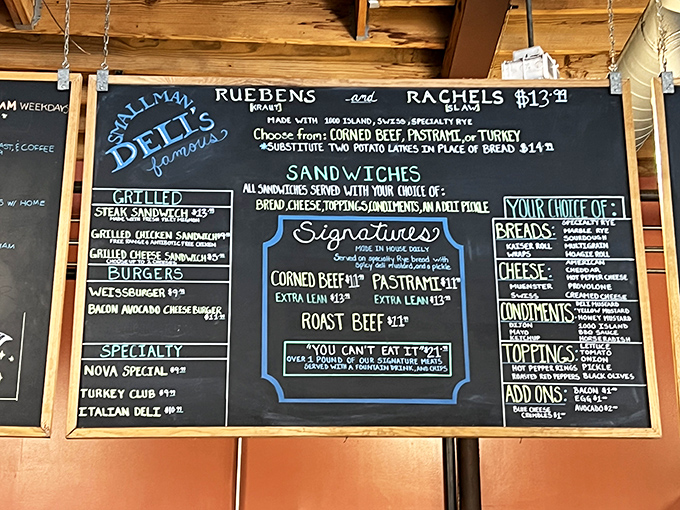 That chalkboard menu isn't just a list &ndash; it's a roadmap to happiness written in the universal language of pastrami and rye.