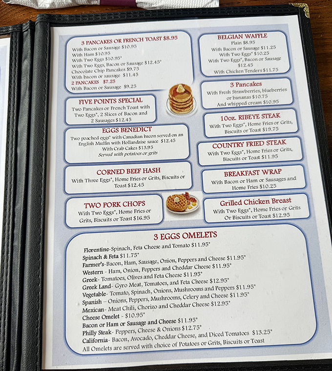 A menu that reads like comfort food poetry. No molecular gastronomy here&mdash;just the greatest hits of American breakfast, performed daily to standing ovations.