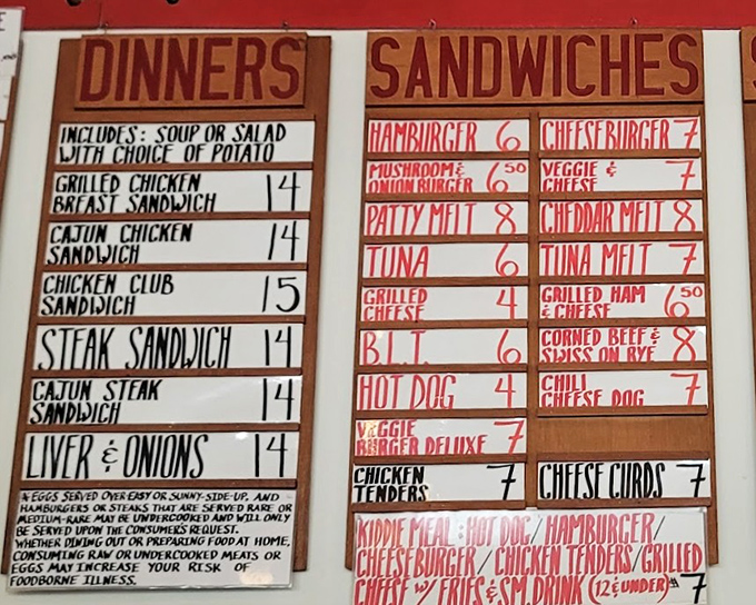The hand-lettered menu board tells you everything you need to know about Mickies' priorities: simplicity, generosity, and zero pretension.