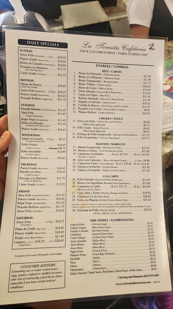 This menu reads like a love letter to Cuban cuisine, with daily specials that change faster than Florida weather.
