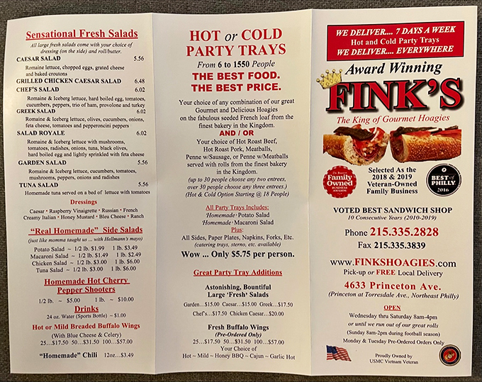 The menu reads like a love letter to sandwich perfection. From sensational salads to party trays that feed an army, Fink's doesn't just make lunch&mdash;they create memories.