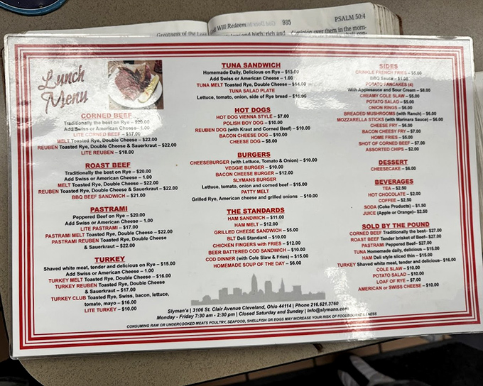 This menu isn't trying to impress you with fancy descriptions&mdash;it's the culinary equivalent of "just the facts, ma'am." The corned beef section deserves its own zip code.