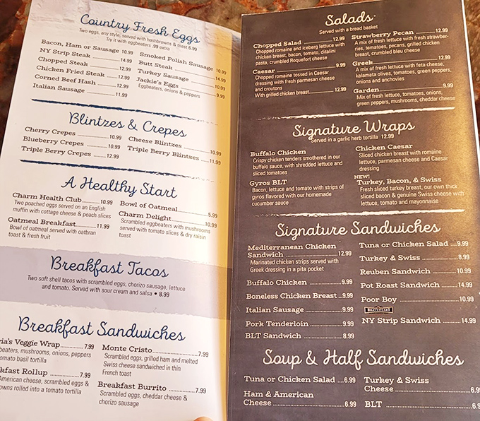 This menu reads like a love letter to comfort food classics. Each section promises a different path to happiness, with breakfast served all day&mdash;as nature intended.