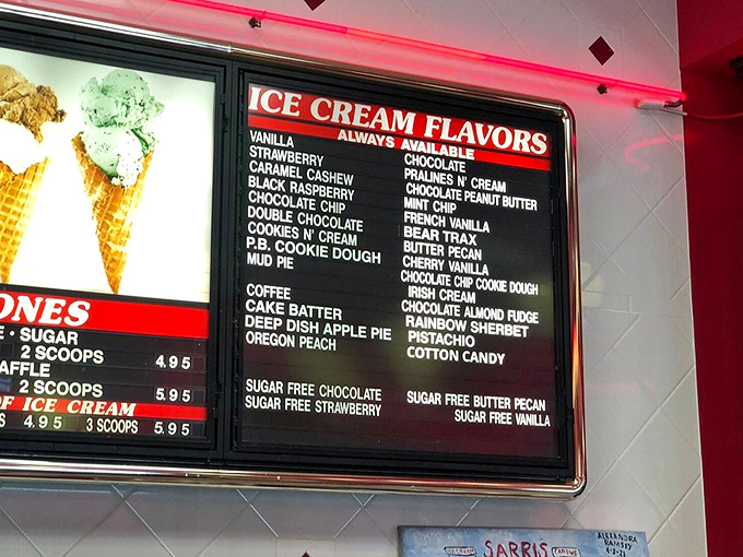 The ice cream menu board reads like poetry for dessert lovers &ndash; "Mud Pie" and "Bear Trax" aren't just flavors, they're destinations.