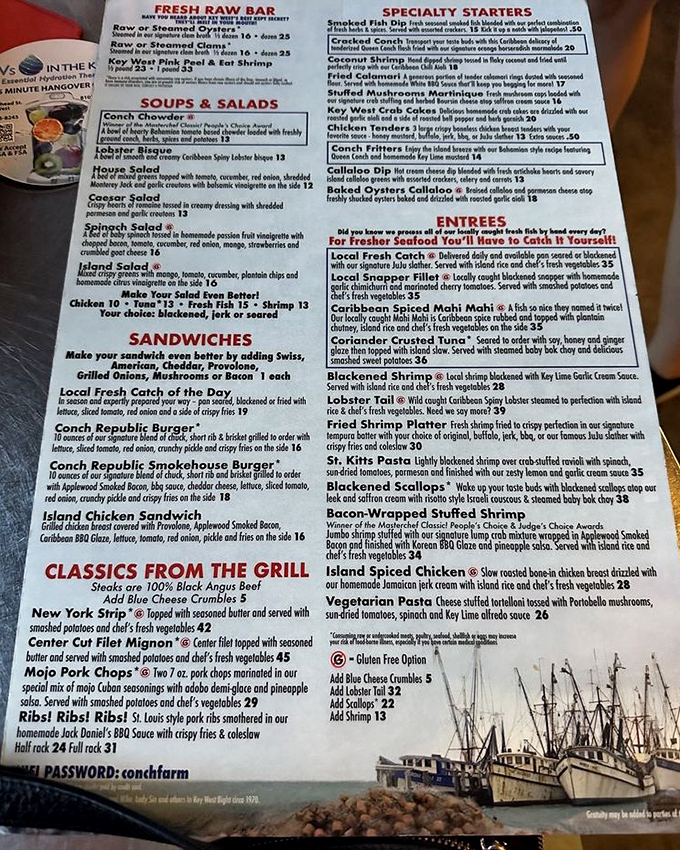 This menu isn't just a list&mdash;it's a maritime treasure map where X marks the spot for conch chowder glory and seafood riches.