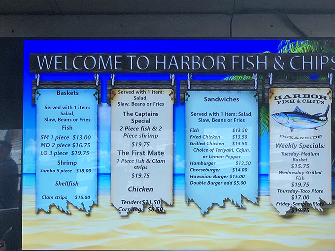 The illuminated menu board&mdash;a beacon of hope for the hungry and indecisive alike. The Captain's Special calls to those who refuse to choose between fish and shrimp.