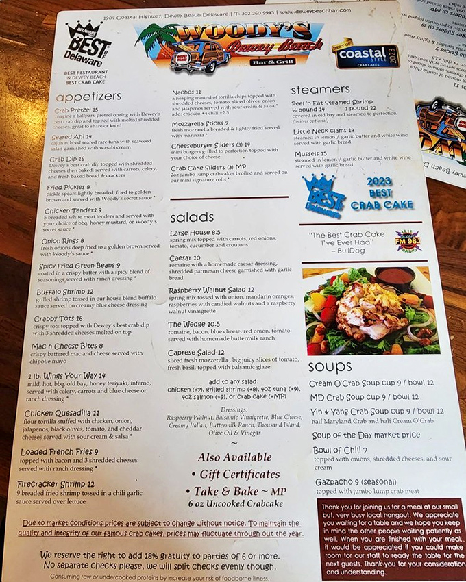 A menu that reads like a love letter to the Chesapeake Bay, with that crown-adorned crab cake stealing the spotlight.