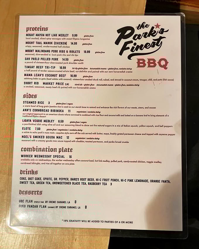 A menu that reads like a love letter to Filipino-American BBQ fusion. Each item named after Philippine landmarks&mdash;geography you can taste.