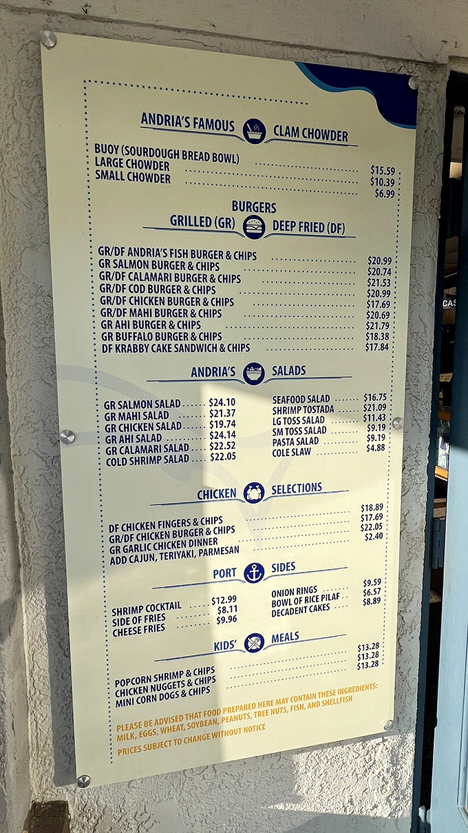 This menu isn't just a list—it's a maritime treasure map. Each item promises a different adventure, with the legendary clam chowder leading the expedition.