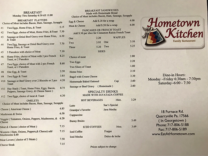 This menu reads like a love letter to breakfast lovers&mdash;scrapple, home fries, and "Hay Stack" platters that could fuel a farmhand all day.