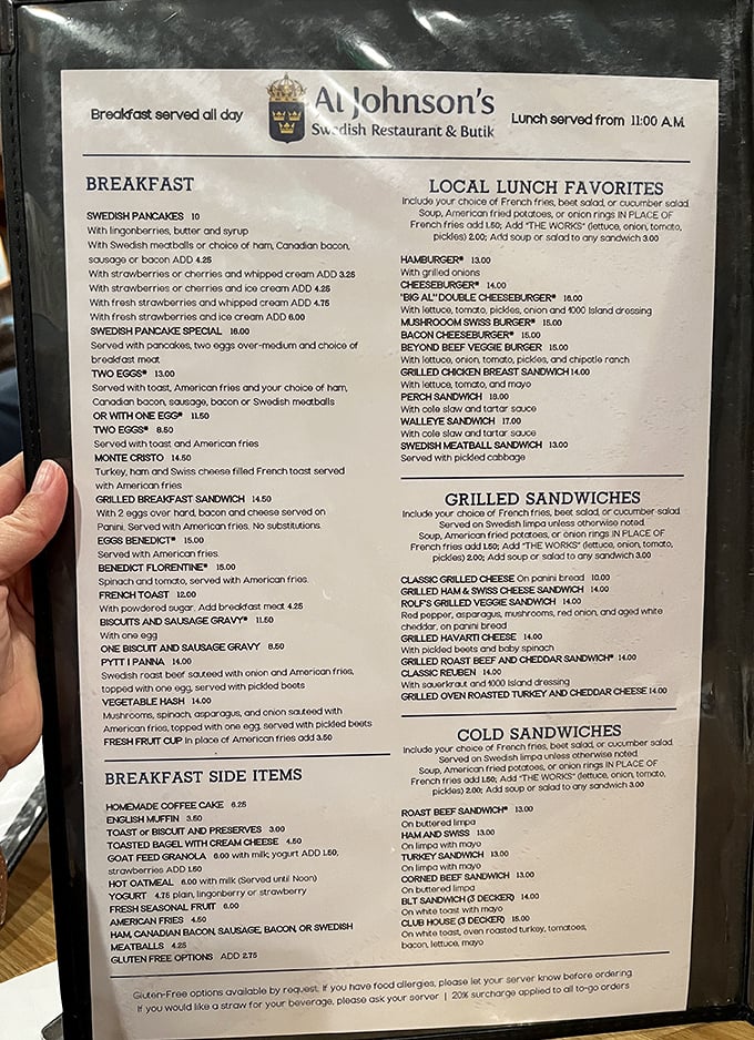 A menu that reads like a love letter to Swedish cuisine, with pancakes stealing the spotlight and meatballs playing a very convincing supporting role.