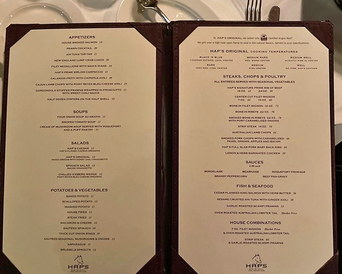 A menu that reads like poetry to meat lovers. Notice how your eyes immediately gravitate to the "Steaks, Chops & Poultry" section?