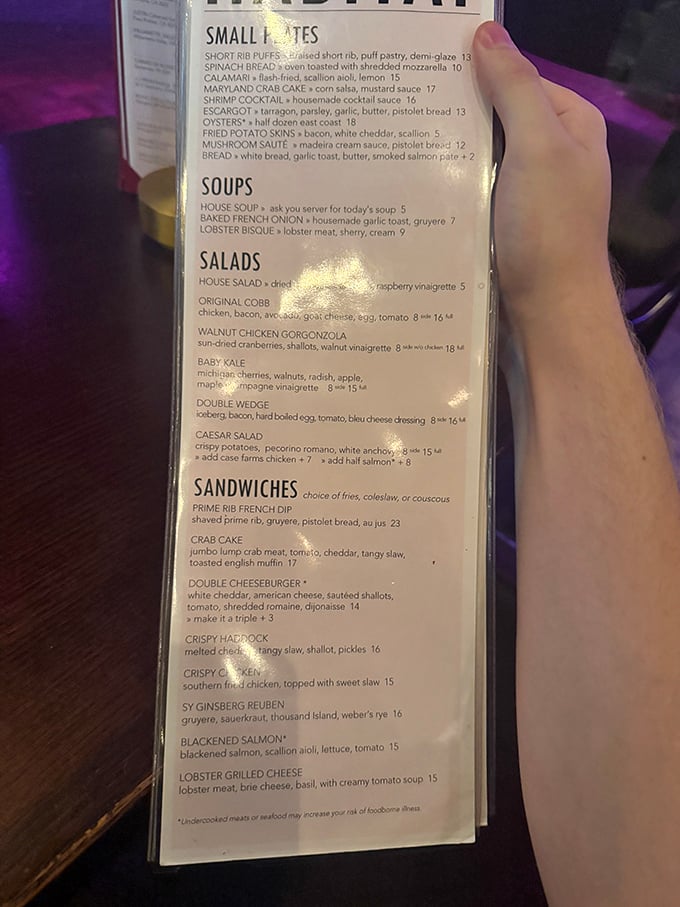 A menu that reads like a love letter to classic American cuisine. That prime rib French dip is calling your name!