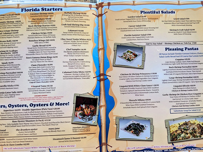 A menu that reads like a love letter to the sea. Just looking at these options makes decision-making harder than choosing which child gets your beach house.