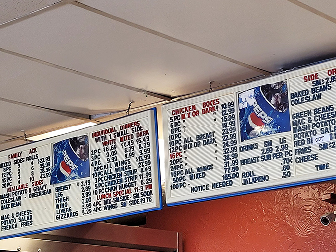 A menu board that tells you everything you need to know&mdash;chicken reigns supreme here, with sides playing worthy supporting roles.