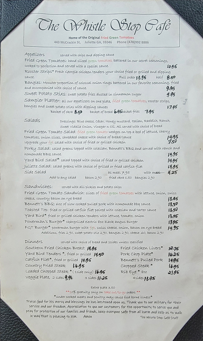 A menu that reads like a love letter to Southern cuisine. The "Home of the Original Fried Green Tomatoes" isn't just a tagline&mdash;it's a delicious promise.