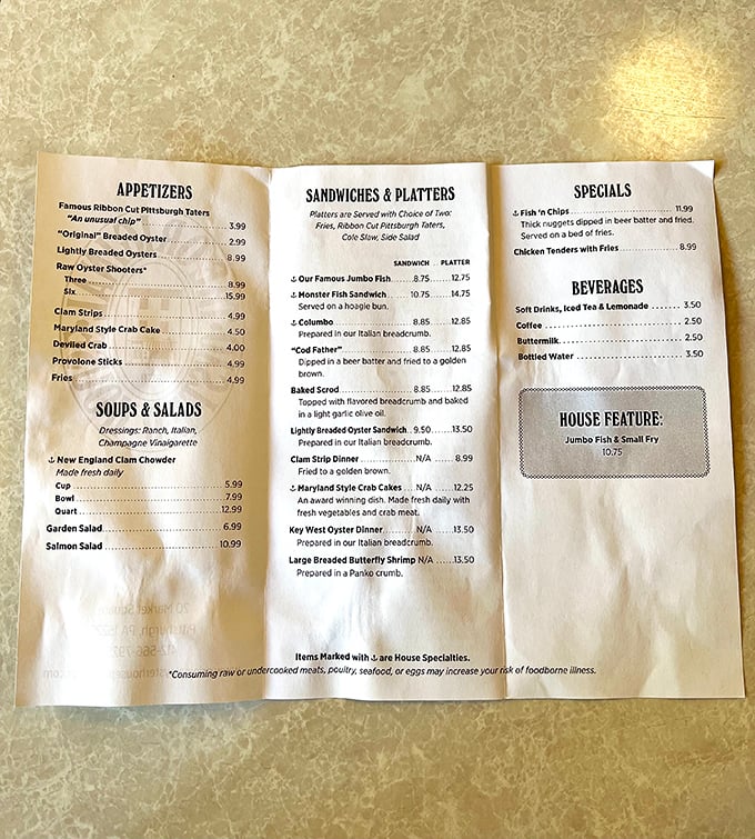 No fancy fonts or trendy descriptions here&mdash;just straightforward seafood classics that have satisfied Pittsburghers for generations.