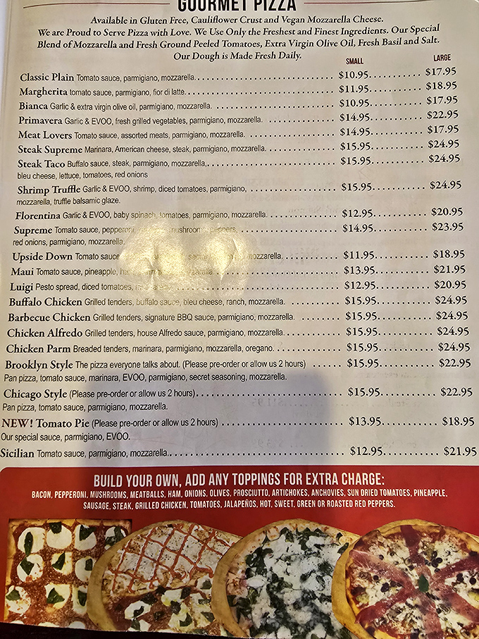 The menu reads like a love letter to Italian-American cuisine, with everything from classic pies to creative specialties that make decision-making deliciously difficult.