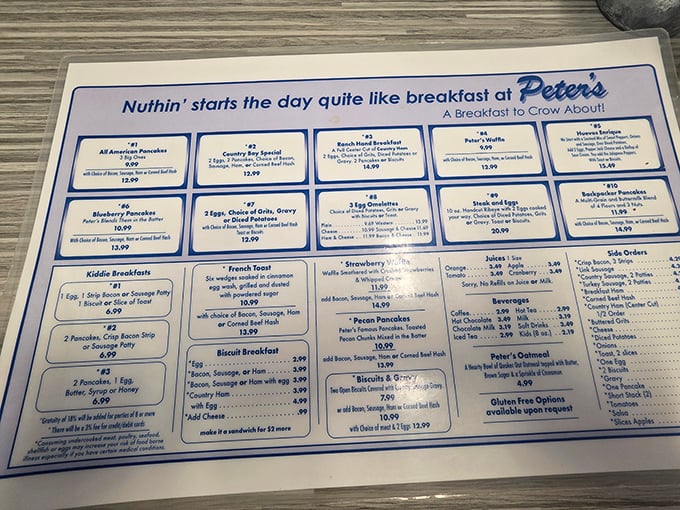 This menu is like a roadmap to breakfast nirvana. "Nuthin' starts the day quite like breakfast at Peter's" might be the truest statement ever printed on laminated paper.