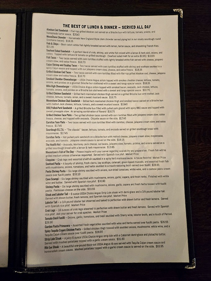 A menu that reads like a love letter to seafood. Each description promises a maritime romance that even the most committed landlubbers can't resist.