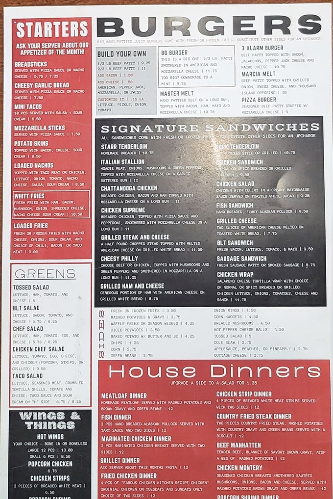 A menu that doesn't mess around—burgers, melts, and house dinners that would make your cardiologist wince but your taste buds sing.