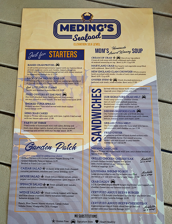 This isn't just a menu; it's a maritime roadmap to happiness. Notice how "NO SUBSTITUTIONS" appears exactly where it should&mdash;beneath culinary perfection.