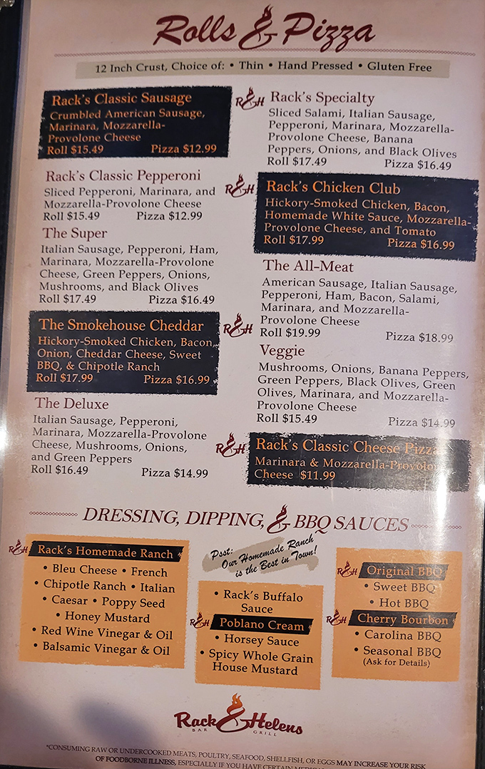 The menu that launches a thousand road trips. Each roll and pizza option reads like poetry to the hungry soul seeking comfort food nirvana.