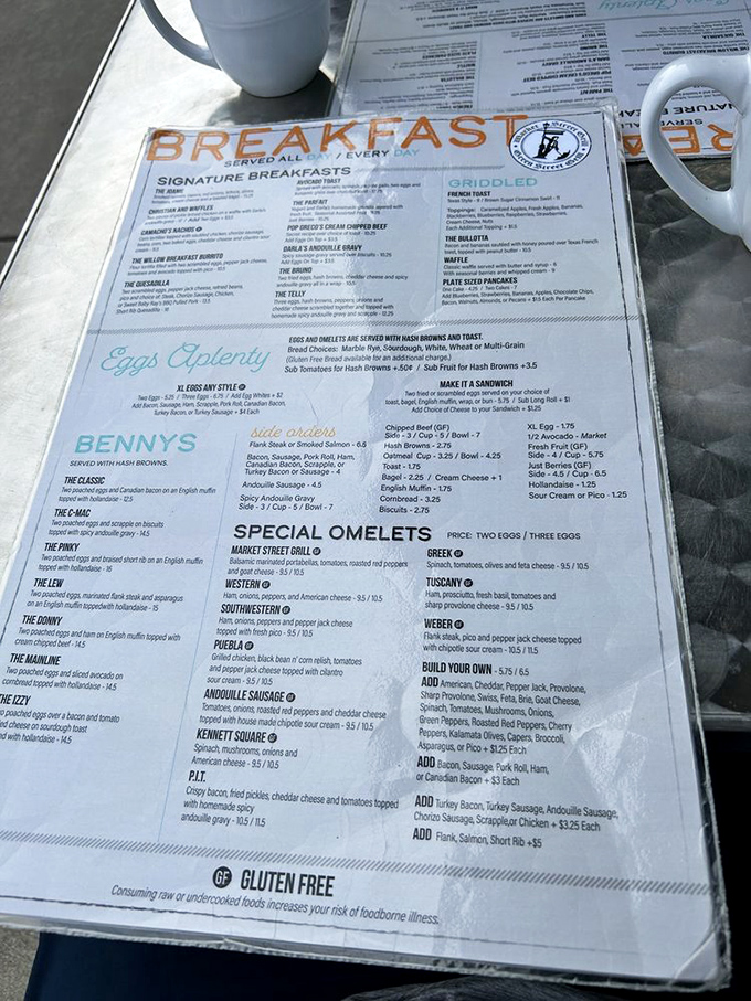The breakfast menu reads like a love letter to morning meals, with everything from classic eggs to creative omelets served all day.