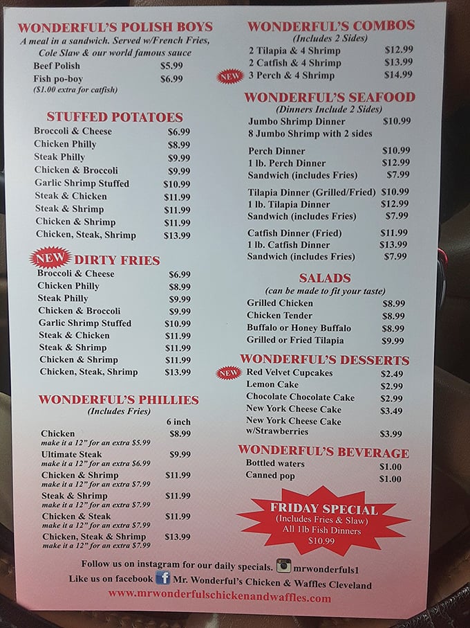 This menu isn't just a list of options&mdash;it's a roadmap to happiness. The "Dirty Fries" section alone deserves its own ZIP code.