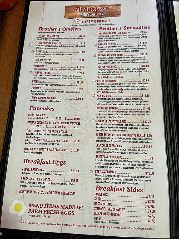 This menu isn't just a list&mdash;it's a roadmap to happiness. Brother's Omelets section deserves its own spotlight, like the headliner at a breakfast concert.