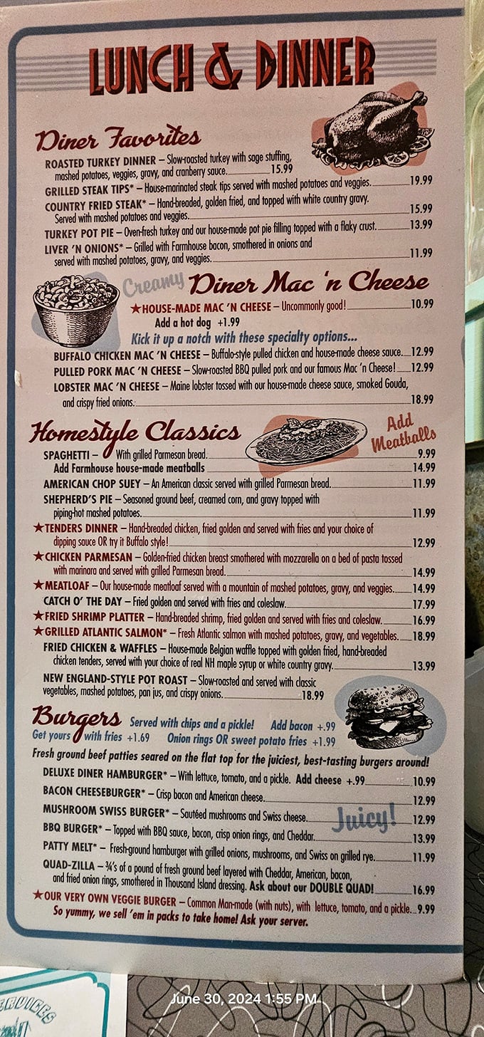 A menu that reads like a love letter to comfort food. The country-fried steak isn't just listed&mdash;it's starred as a house favorite for good reason.