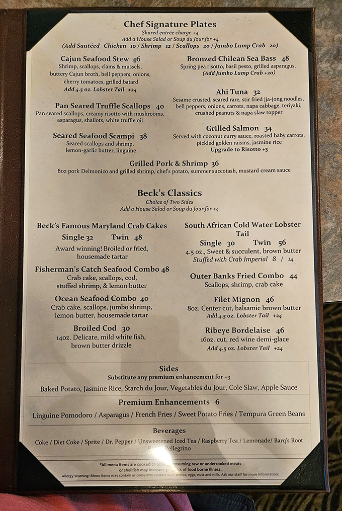 The menu reads like a love letter to seafood enthusiasts. Those famous Maryland crab cakes aren't just menu items&mdash;they're the headliners of a delicious concert.