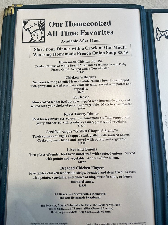 The menu reads like a love letter to American classics. Each description promises the kind of meal that makes you want to unbutton your pants afterward.