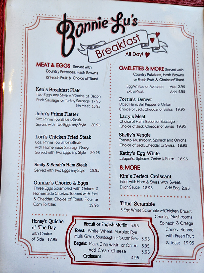 Breakfast served all day&mdash;civilization's greatest achievement. The menu reads like a love letter to morning classics with personalized touches.